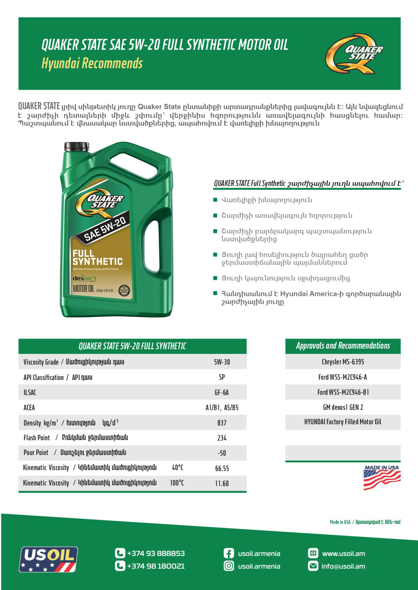 Quaker State 5W20 Full Synthetic Motor Oil – US Օil